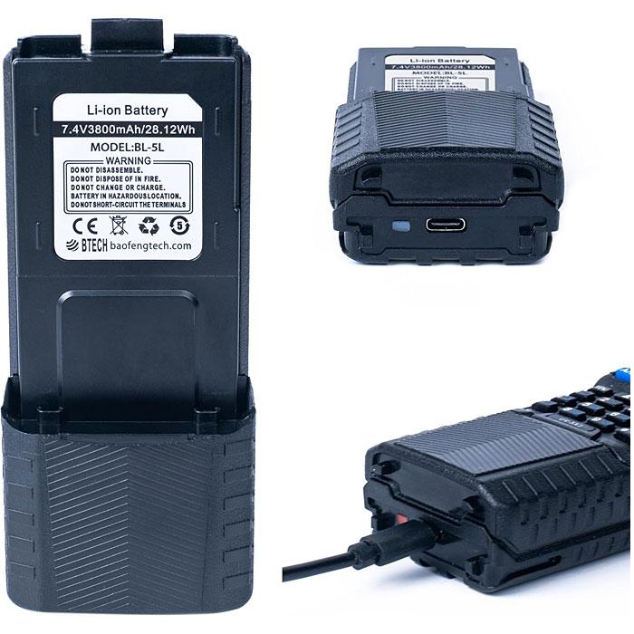 3800mAh USB-C Charging Li-ion Extended Battery Pack for BaoFeng UV-5R ...